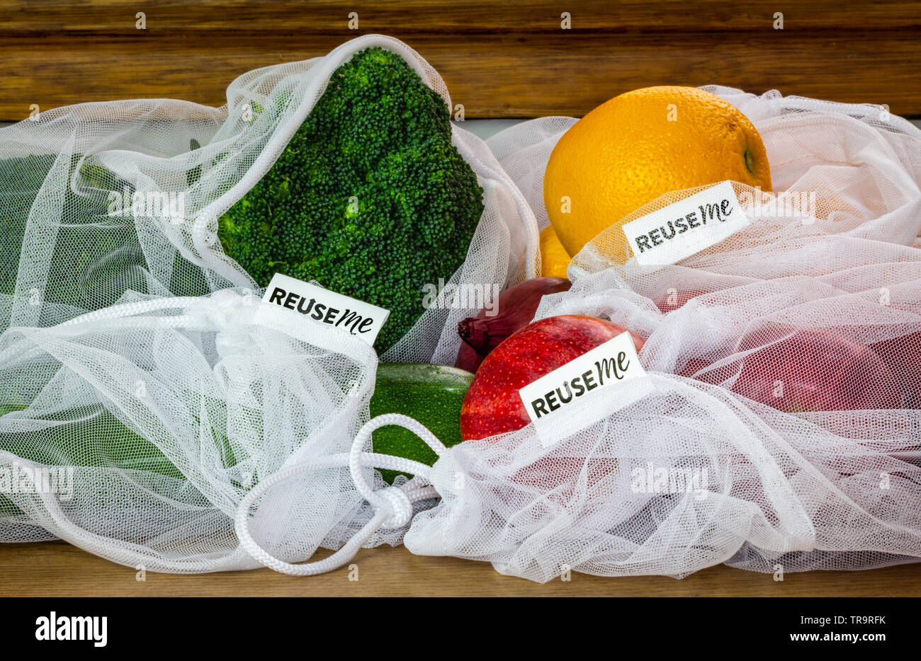 Fruit and Vegetables in reusable mesh bags, with reuse me labels, on ...