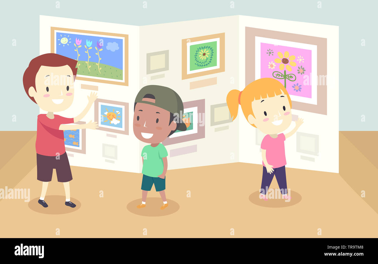Illustration of Kids Looking at Different Art Displays in an Art ...