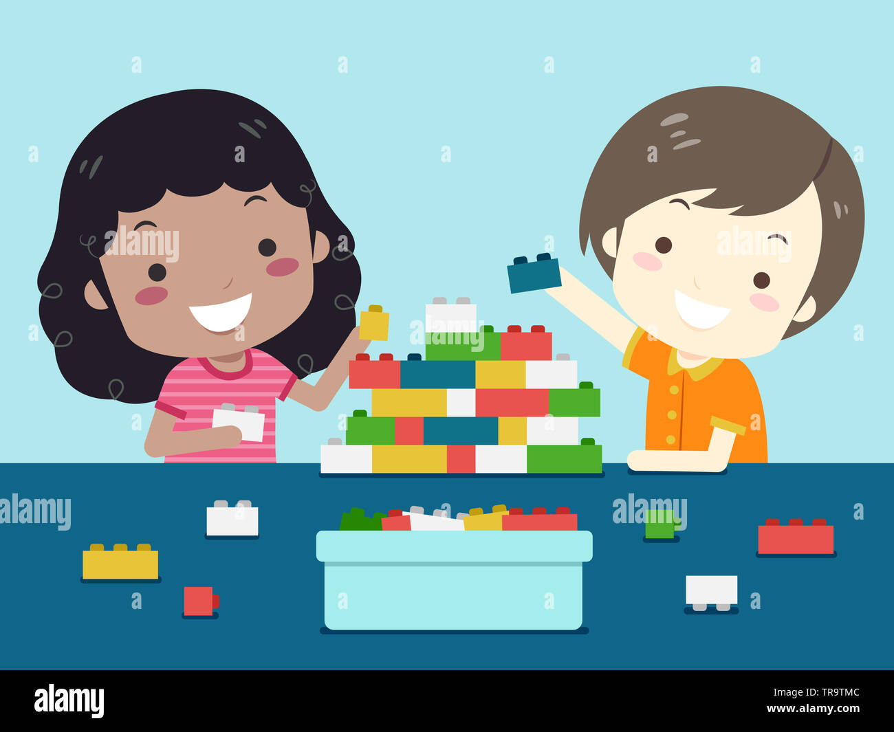 Illustration of Kids Stacking Building Brick Toys to Erect a Wall or ...
