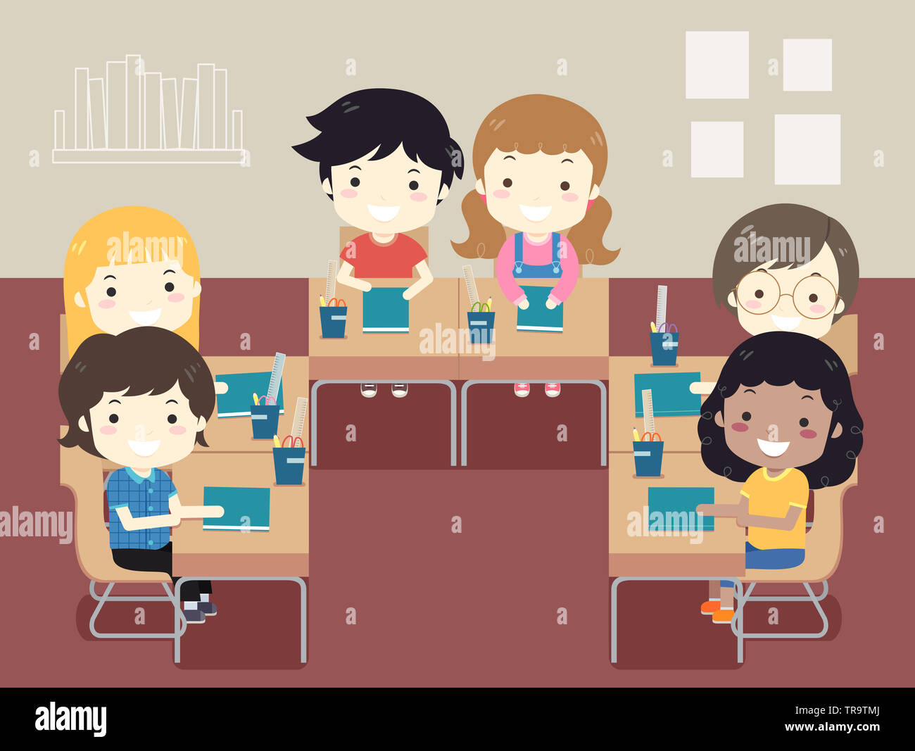 Illustration of Kids Sitting in Semi Circle in the Classroom with Books ...