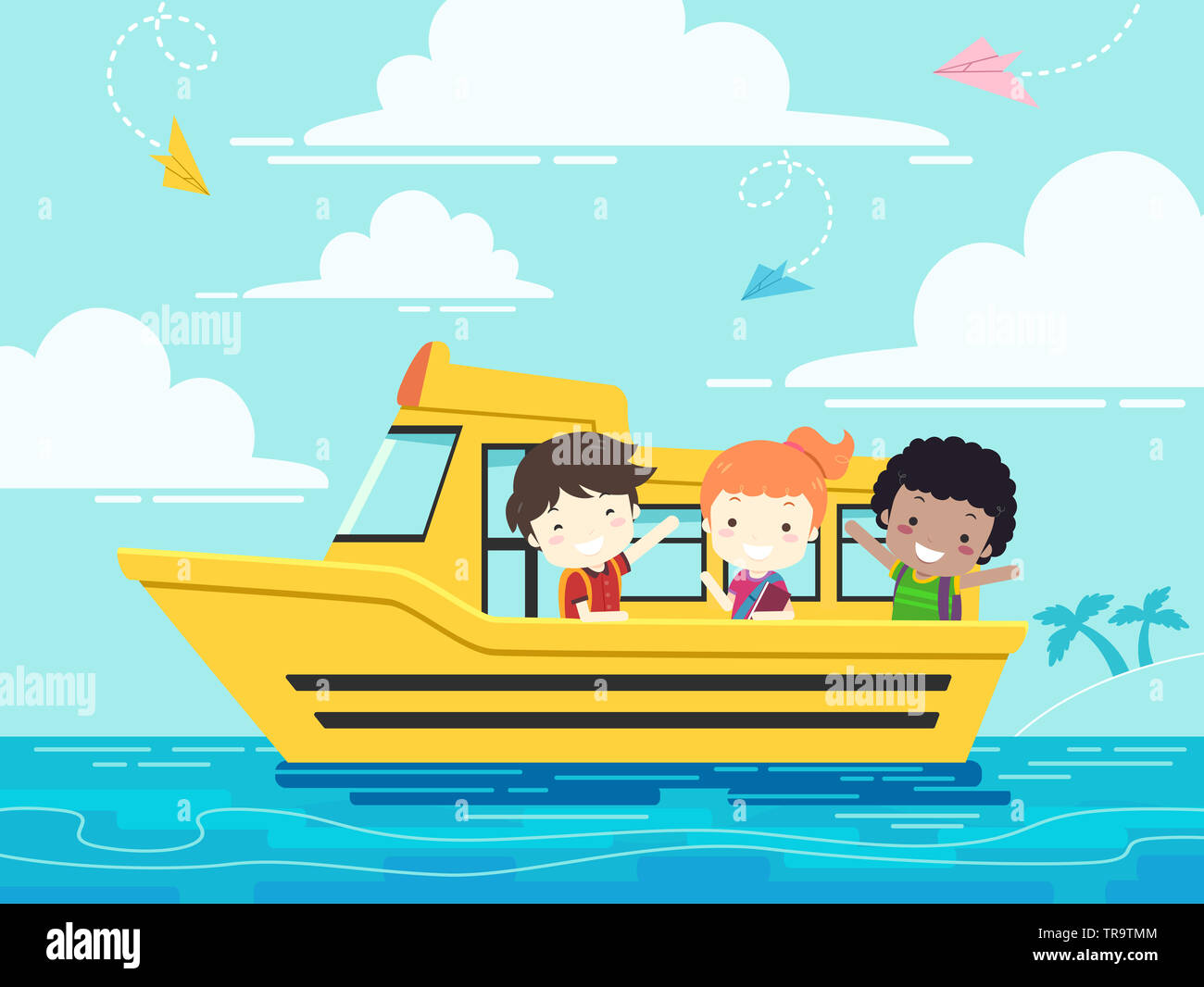 Illustration of Kids Riding a School Boat Going to School with Flying ...
