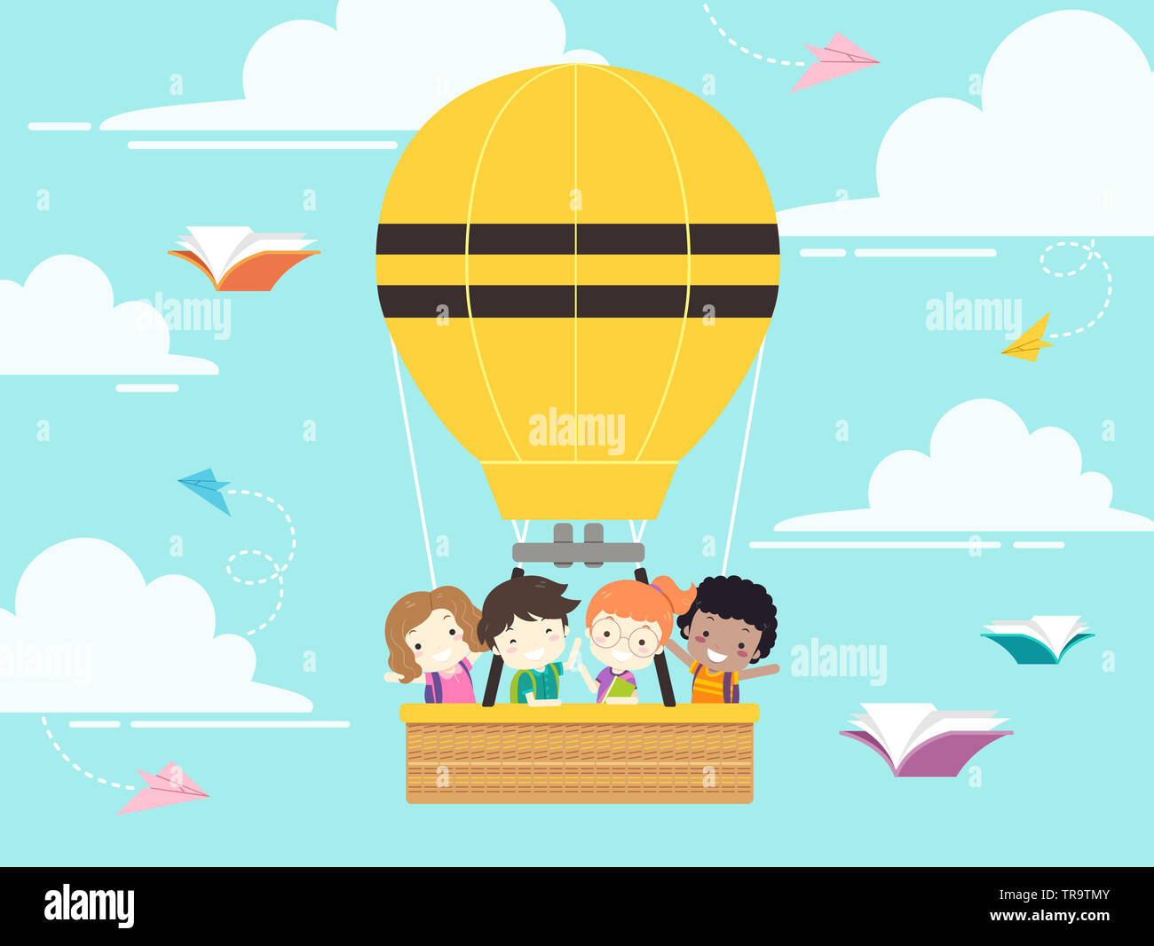 Illustration of Kids Students Riding a School Hot Air Balloon with ...