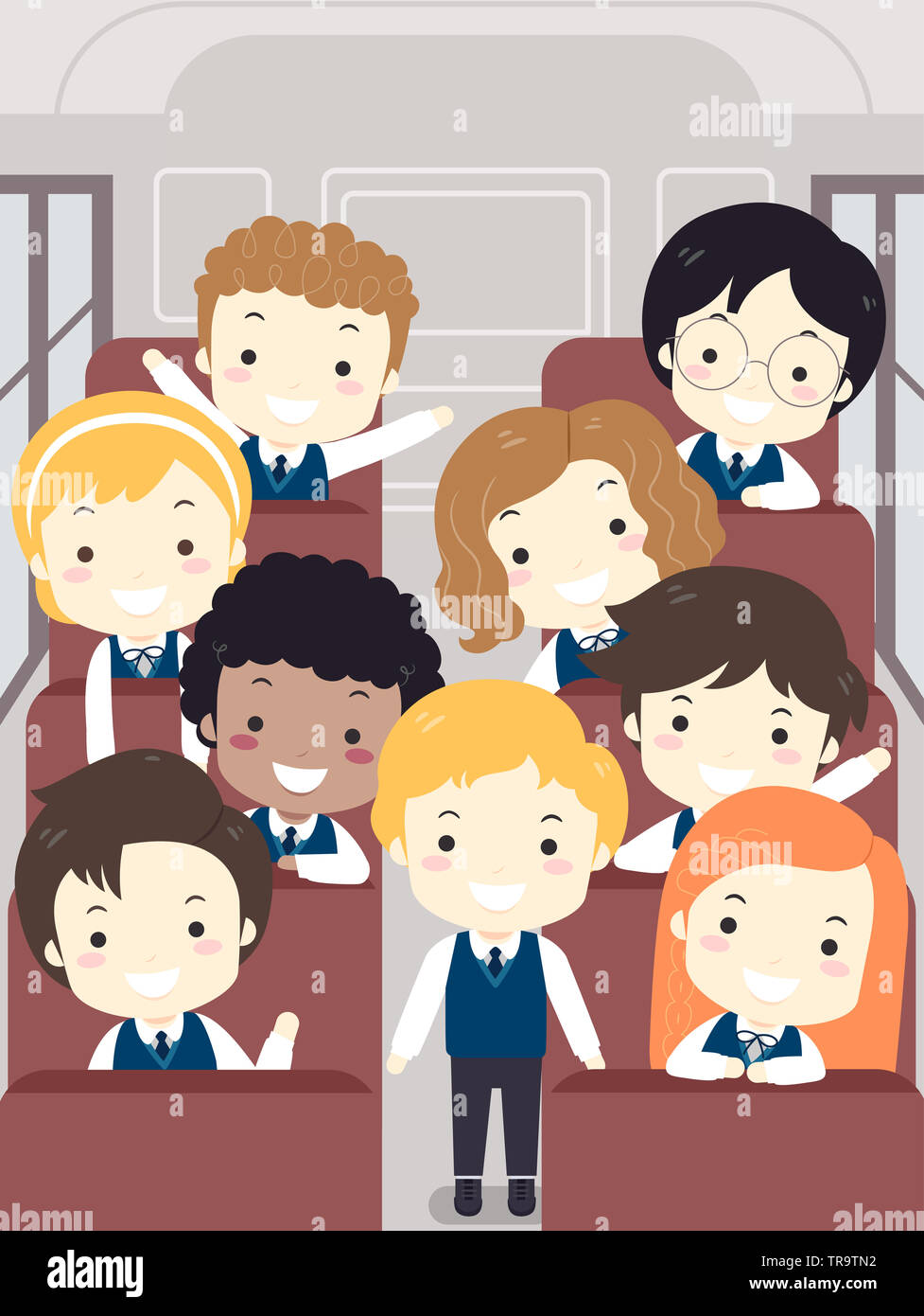 Illustration of Kids Wearing Uniform and Riding the School Bus Stock ...