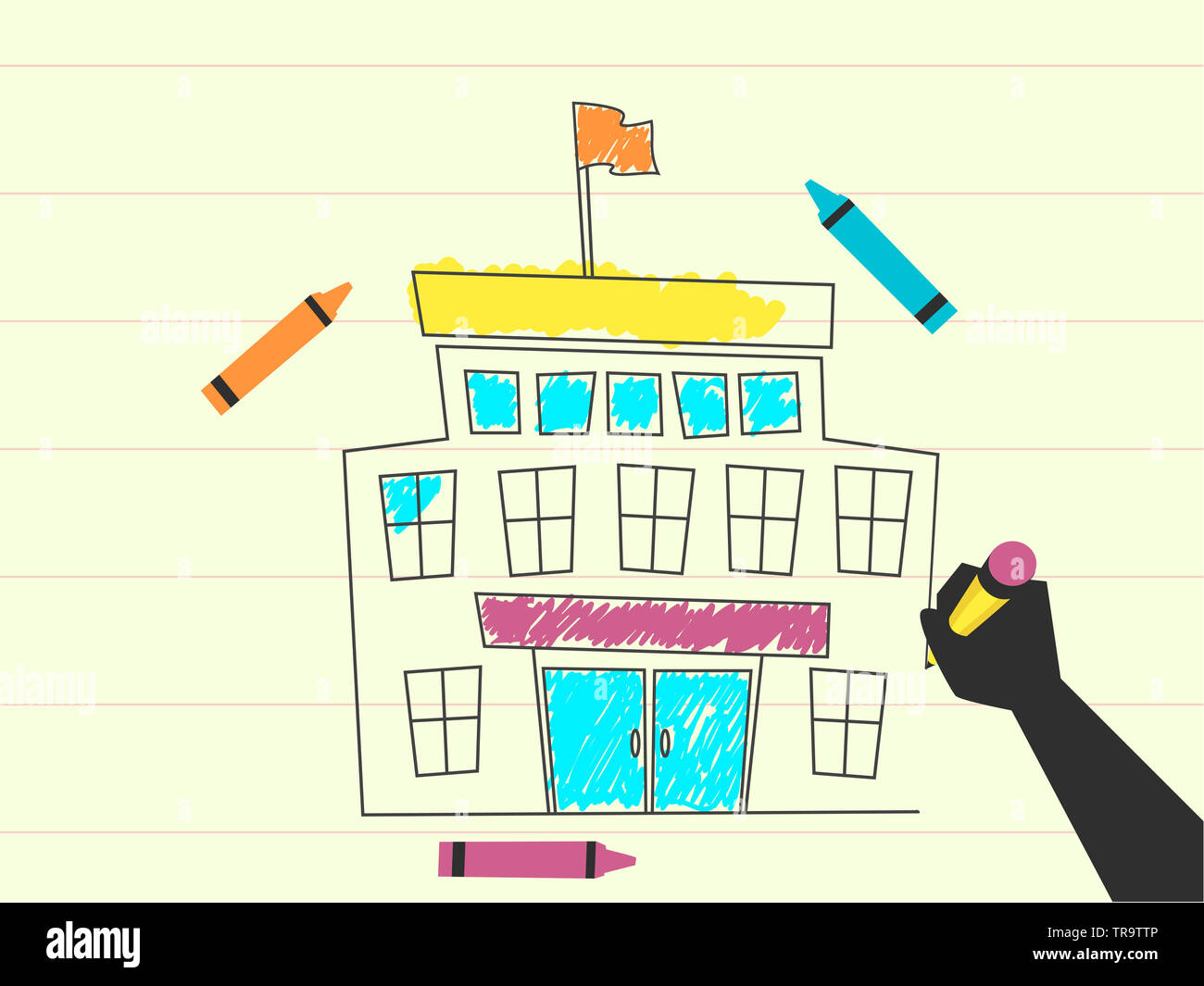 Illustration of a Hand Holding a Pencil Drawing and Coloring a School ...