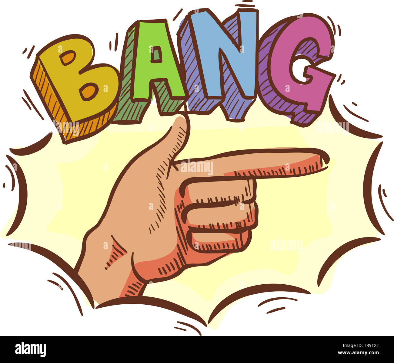 Illustration of a Hand Gesture Forming a Gun with Bang Lettering Above ...
