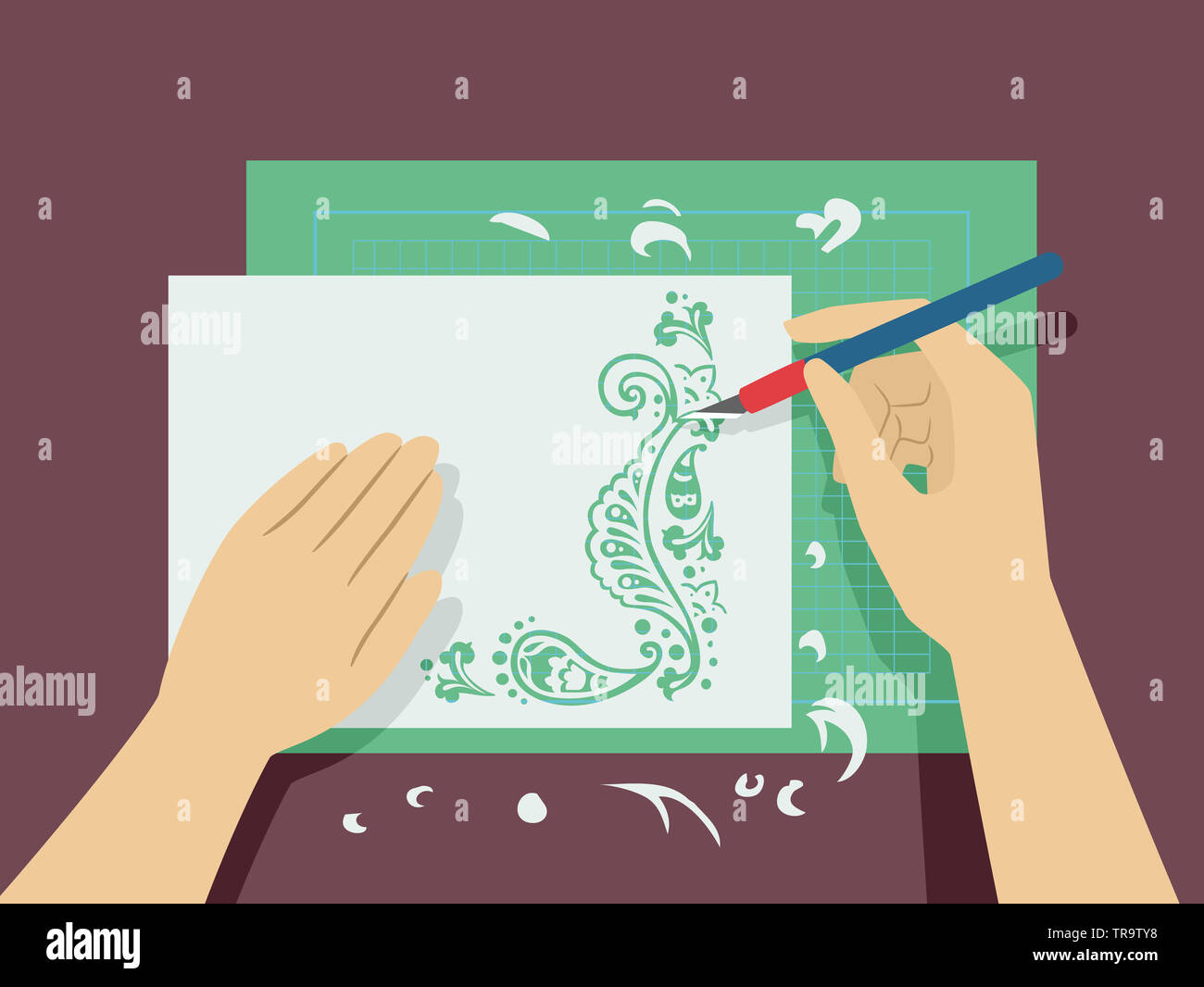 Illustration of Hands Holding a Scalpel Cutting Paper with Paisley ...