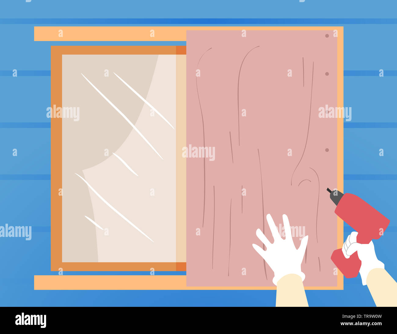 Illustration of Hands Using Drill and Covering Window by Fastening Wood ...