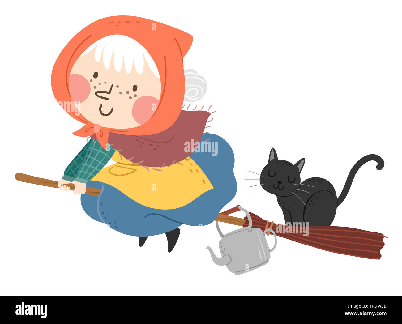 Illustration of a Senior Woman Witch Riding a Broom with a Black Cat ...