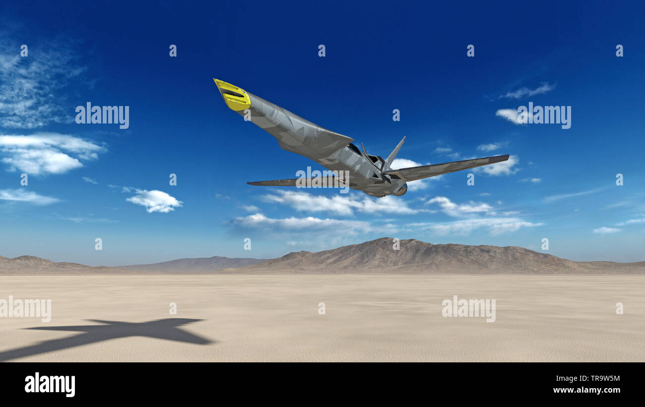 Fighter Jet, futuristic military airplane flying over a desert with ...