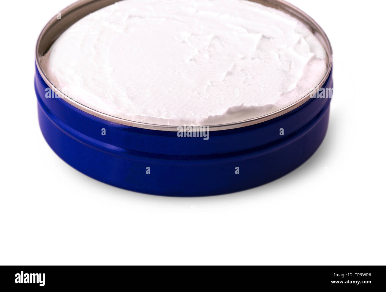 Blue cream tin, opened, white isolated Stock Photo - Alamy