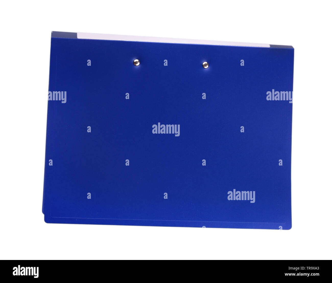 Office blue folder for binding on white background. View from above ...