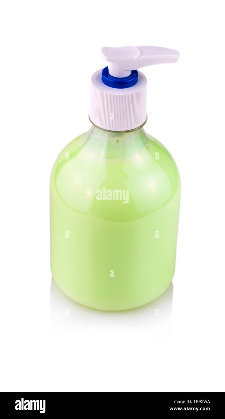 Transparent plastic bottle with green liquid hand soap and white ...