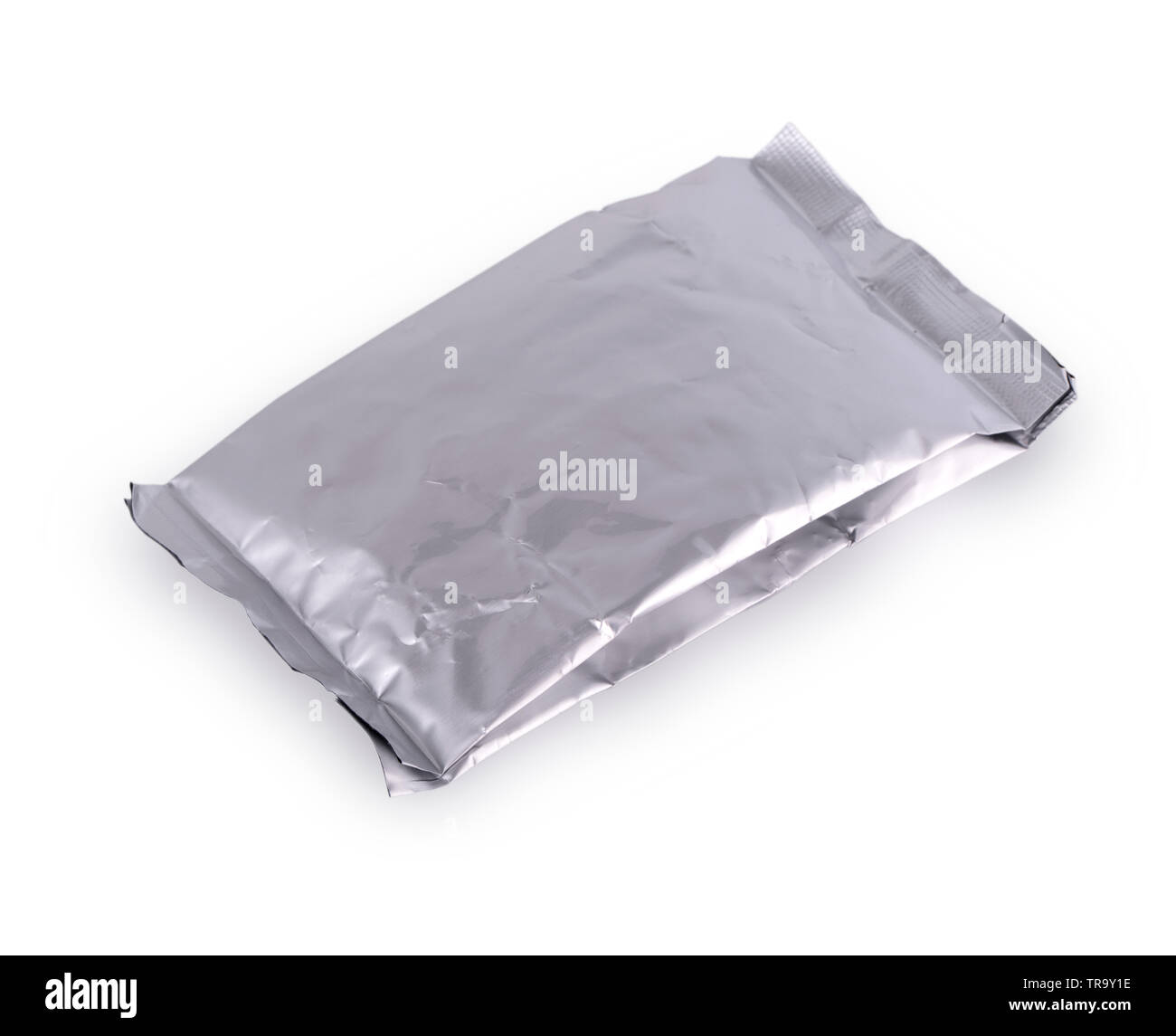 Silver foil zipper bag packaging on white background Stock Photo - Alamy