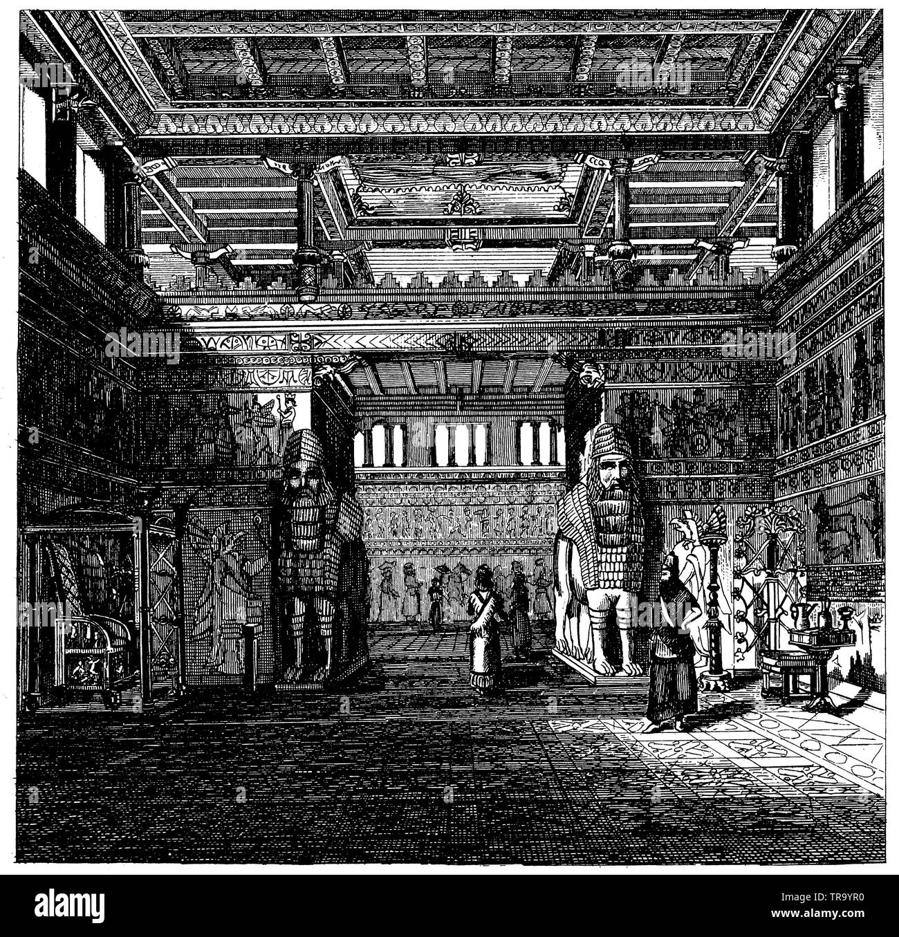Restoration of an Assyrian royal hall, , (cultural history book, 1875 ...
