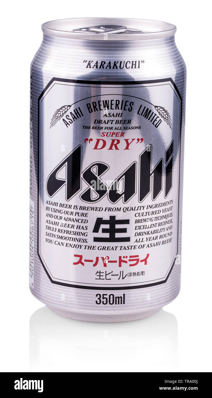 KAMCHATKA, RUSSIA - OCTOBER 13, 2017: Asahi can Super Dry Beer on white ...