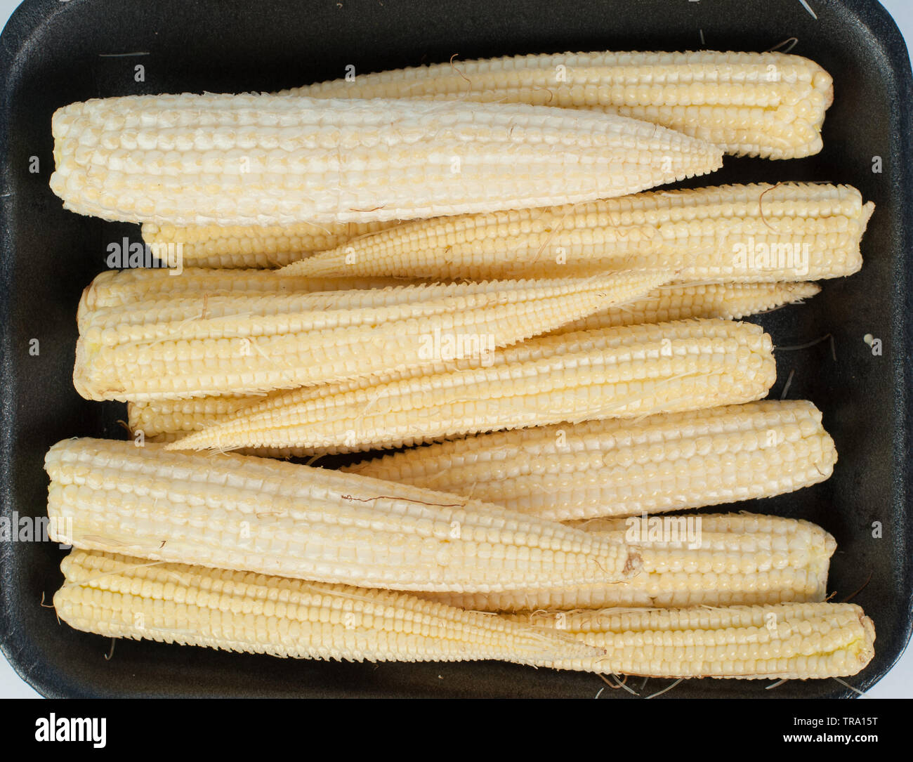 Close up baby corn in foam pack supermarket isolated on white ...