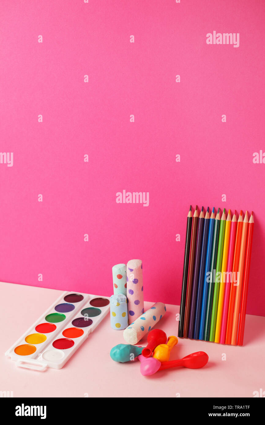 Concept Back To School Color Chalk Pencil watercolor Stationery on ...