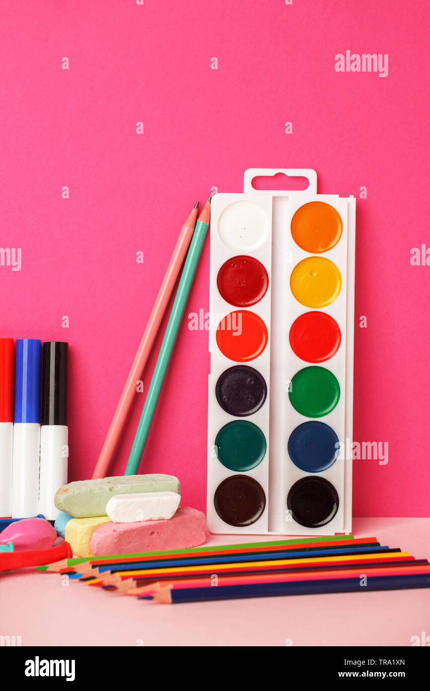 Concept Back To School Color Chalk Pencil watercolor Stationery on ...
