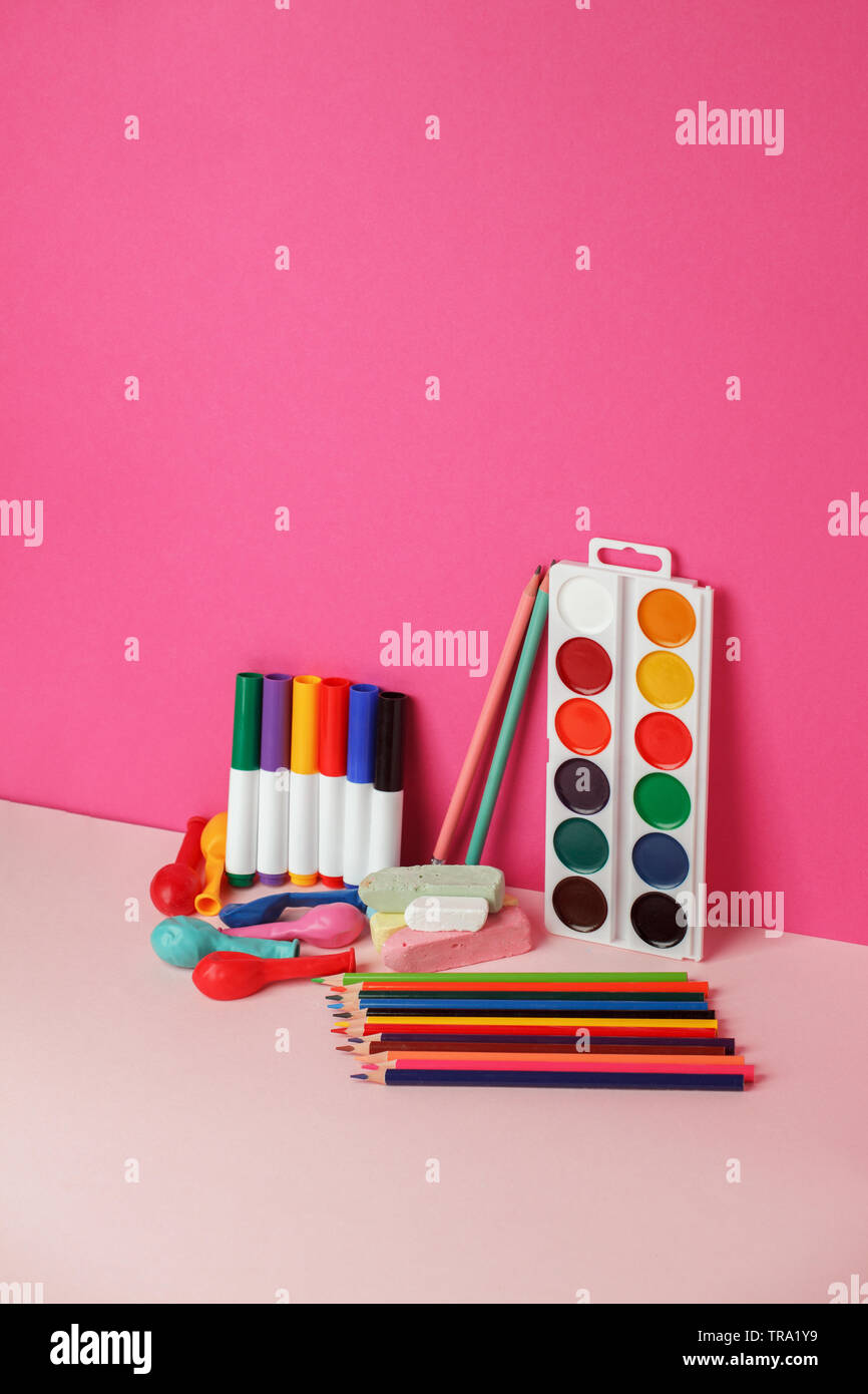 Concept Back To School Color Chalk Pencil watercolor Stationery on ...