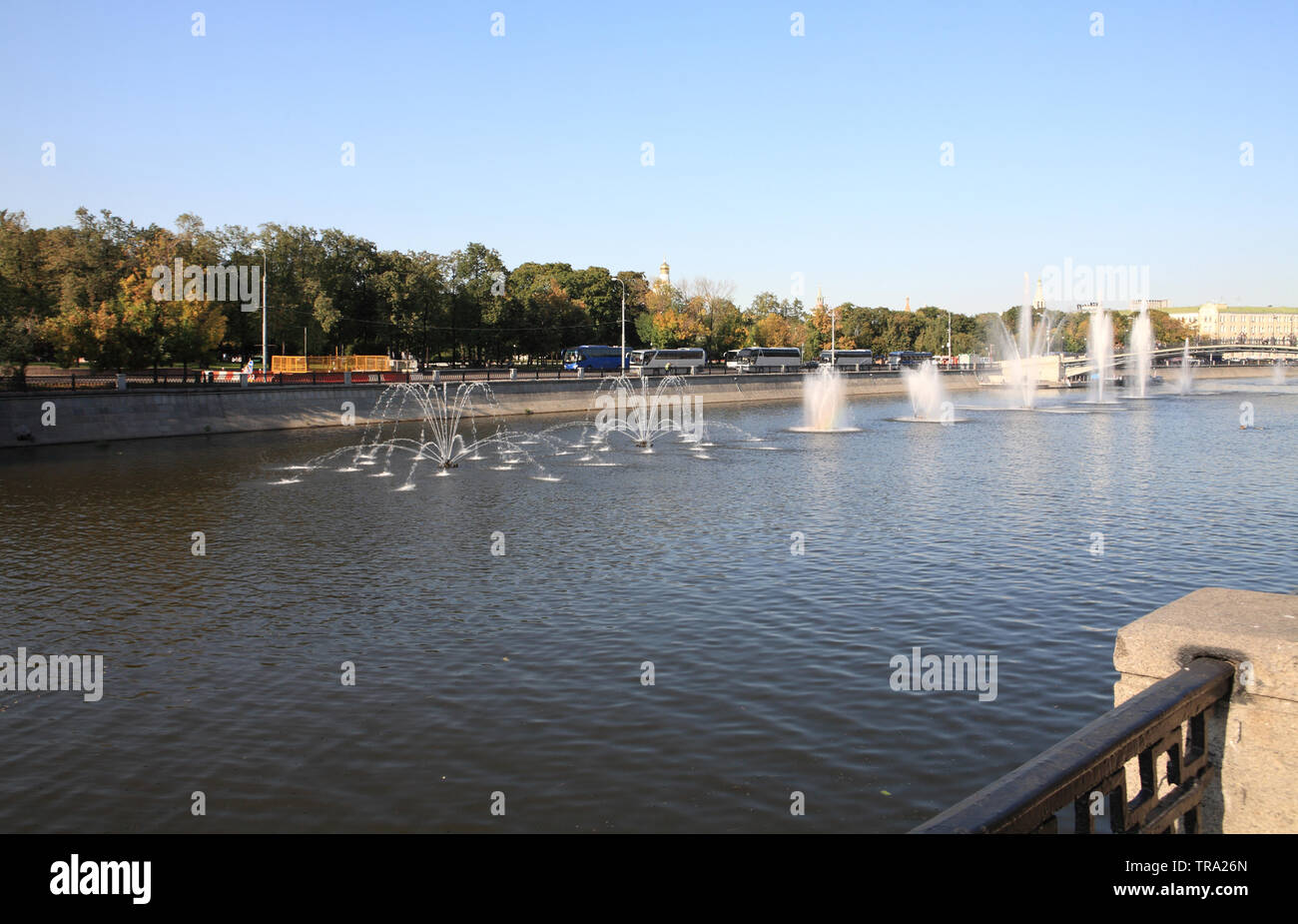 many fountain on river Stock Photo - Alamy