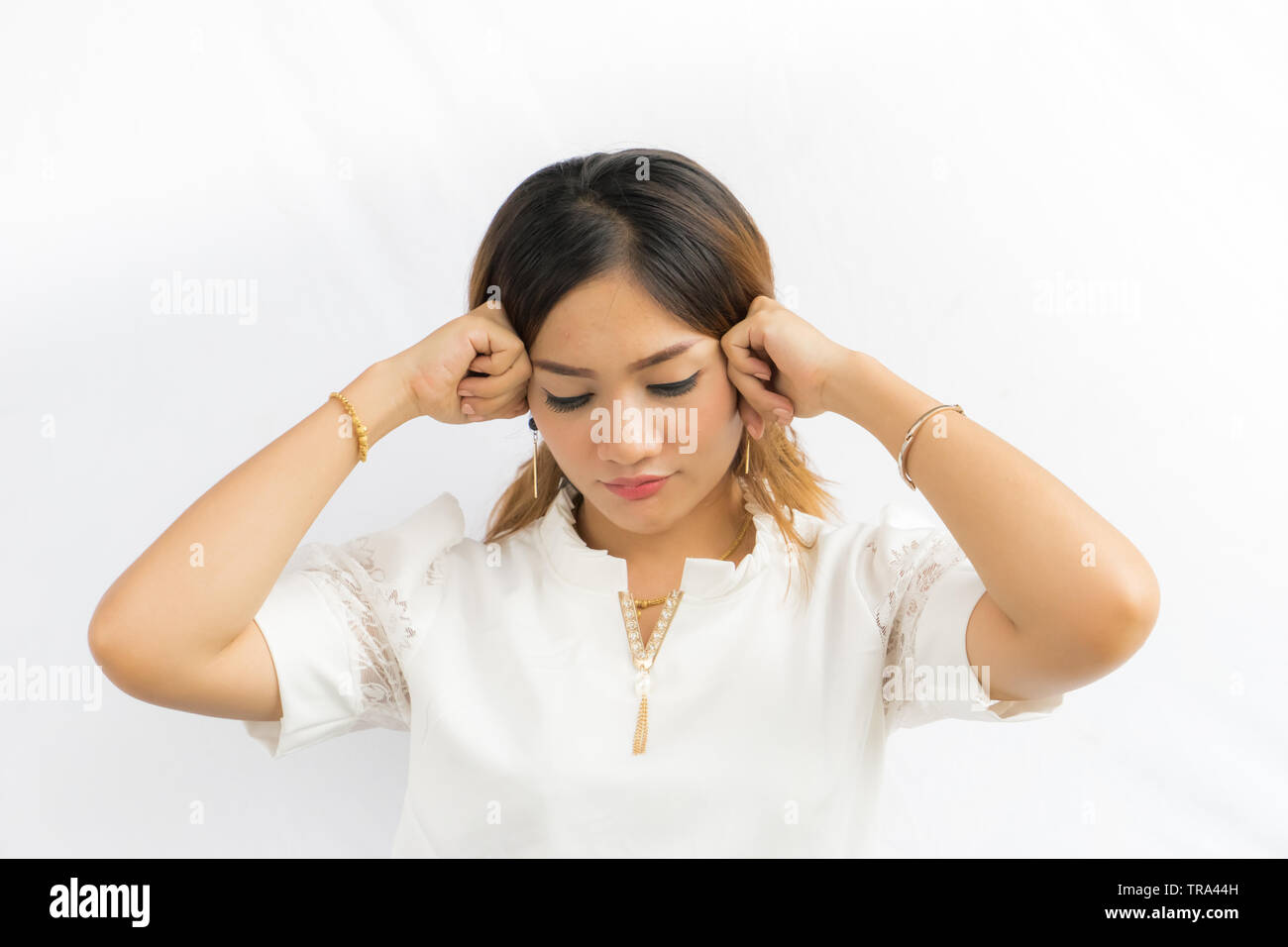 Image woman headache on white background Stock Photo - Alamy