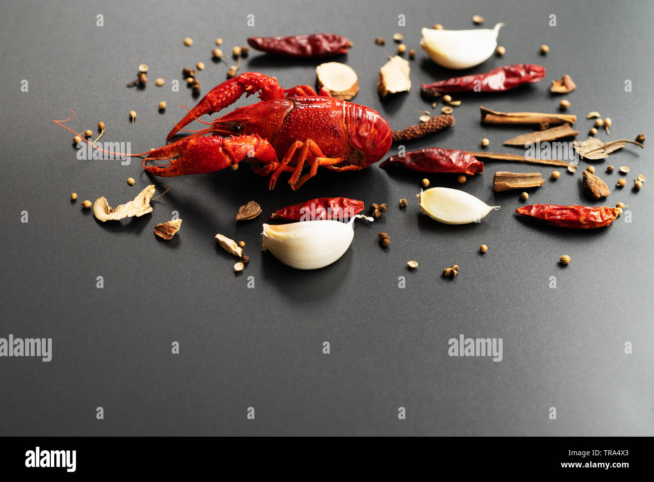 Crayfish red, Baby Lobster with herb for stir fry on black background ...