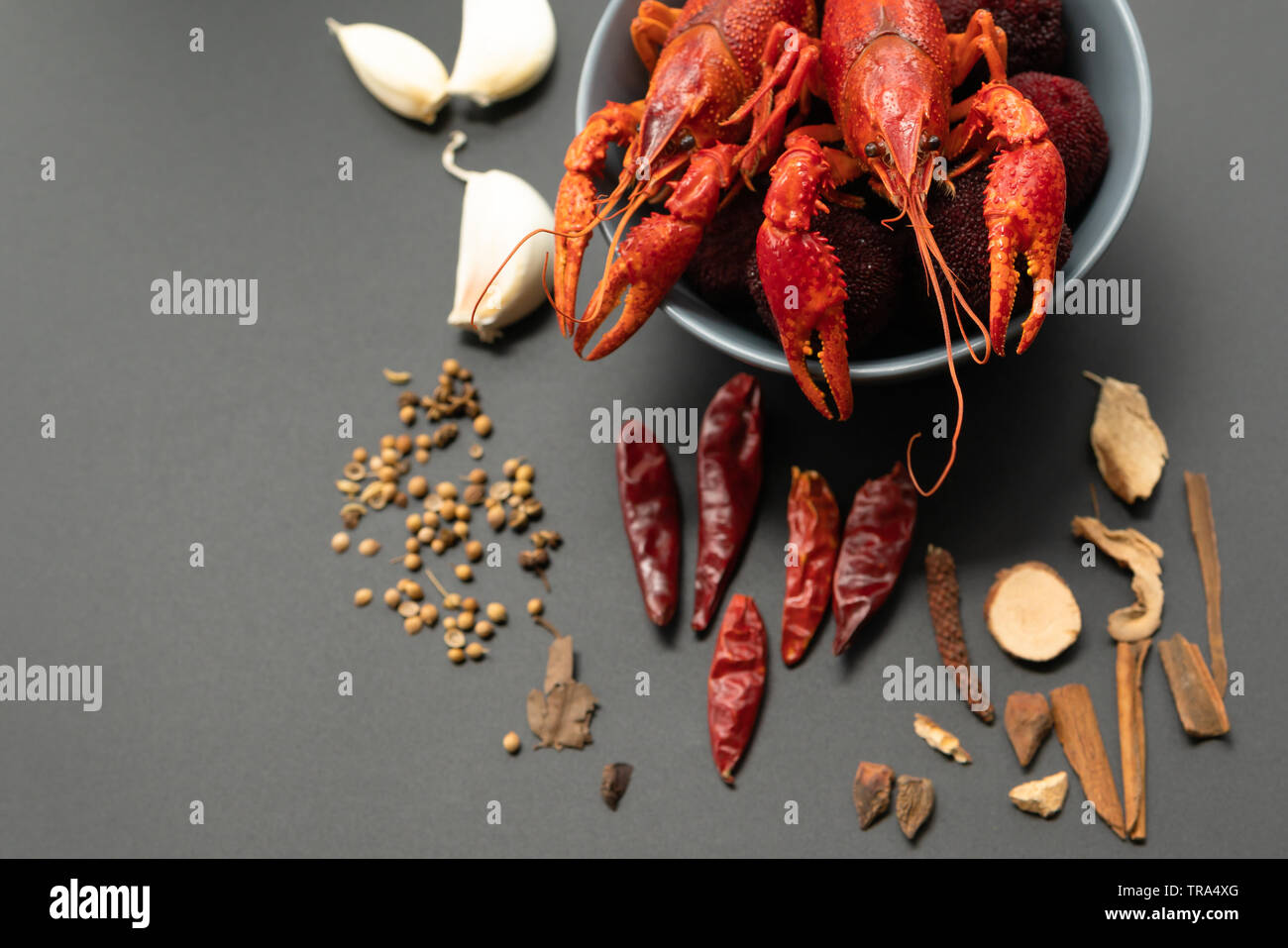 Crayfish red, Baby Lobster with herb for stir fry on black background ...