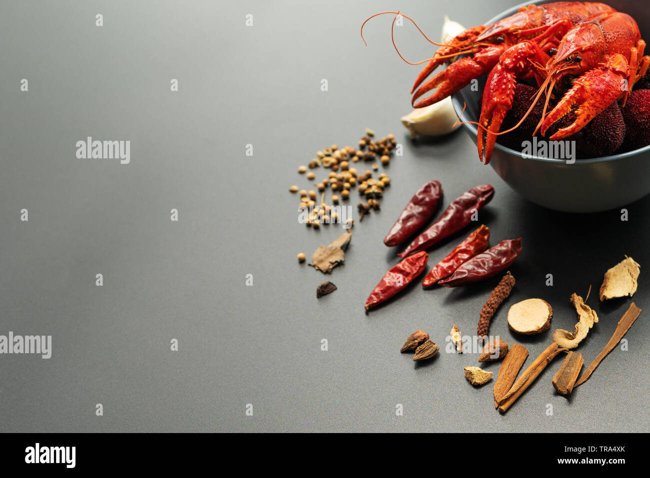 Crayfish red, Baby Lobster with herb for stir fry on black background ...