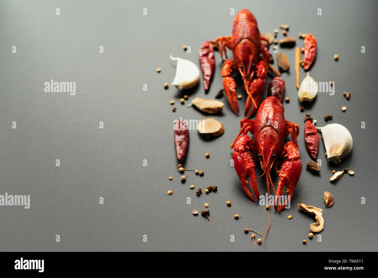 Crayfish red, Baby Lobster with herb for stir fry on black background ...