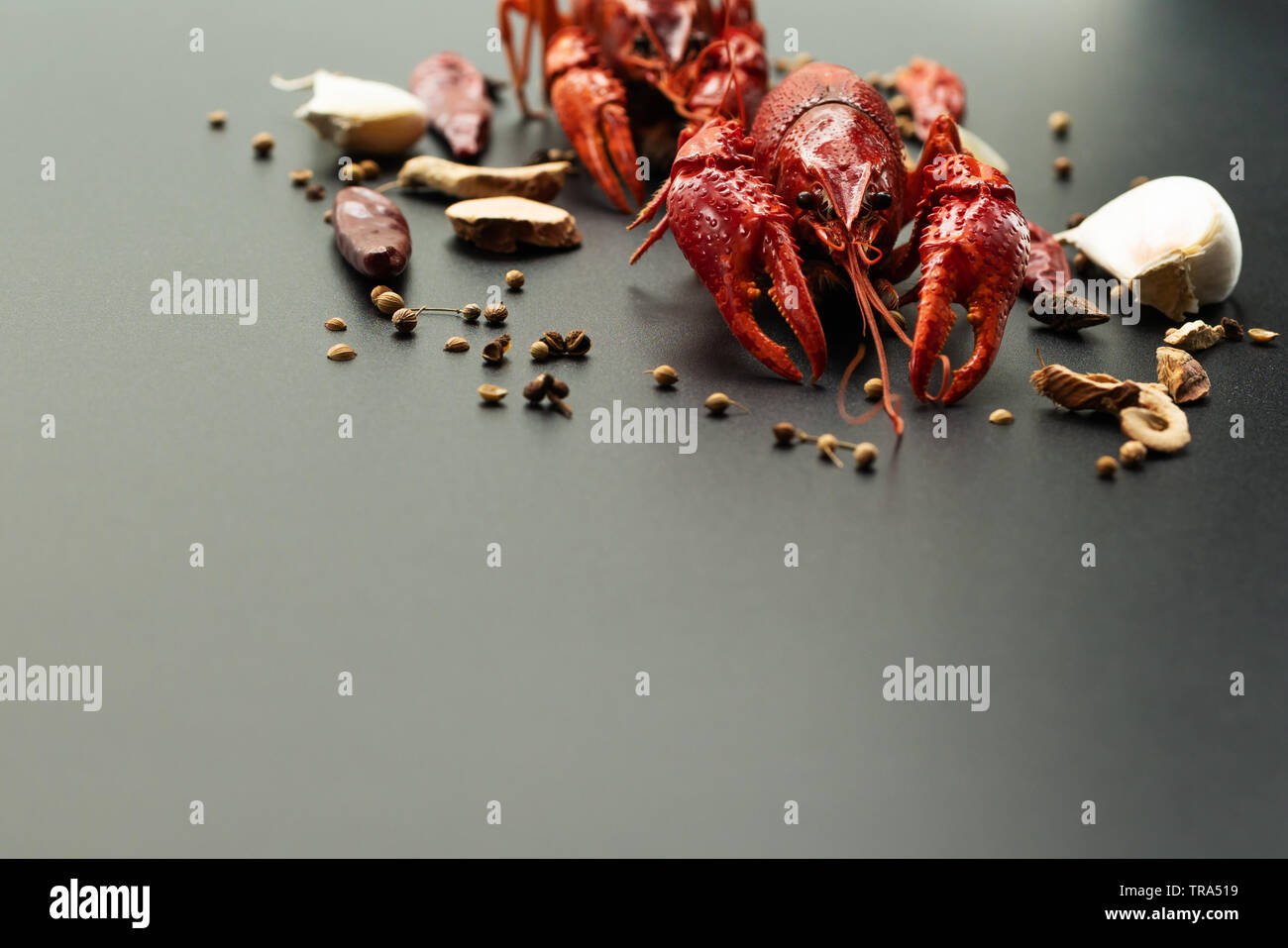 Crayfish red, Baby Lobster with herb for stir fry on black background ...