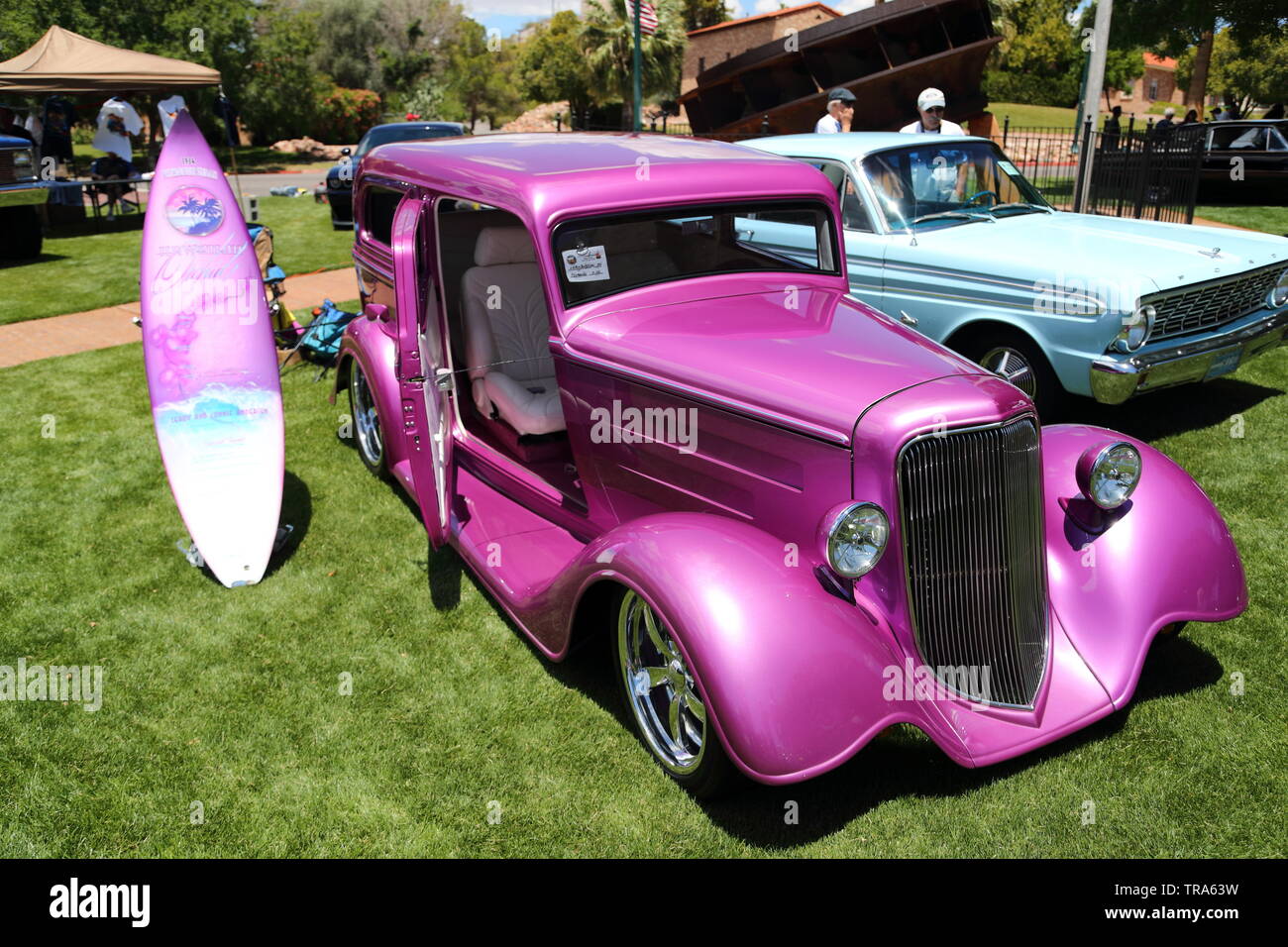Purple 1934 Plymouth 7 D2 Hot Rod at a memorial day event at Boulder ...