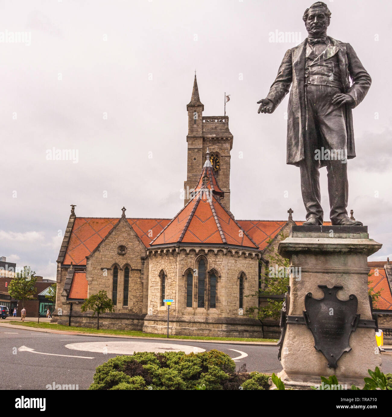 The imposing statue of Ralph Ward Jackson in the foreground and Christ ...