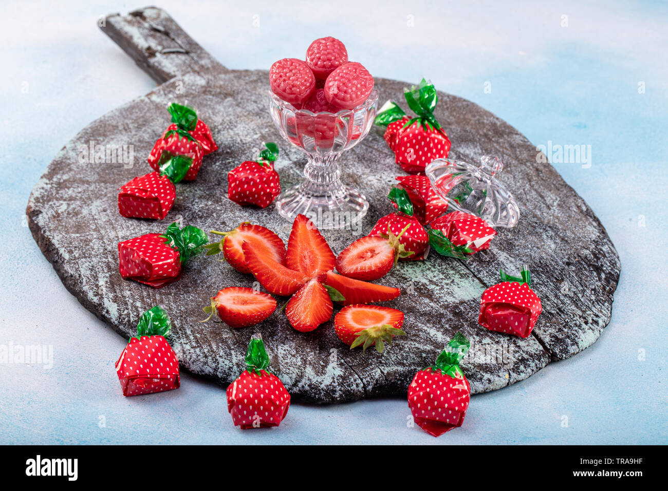 Strawberry sweets and strawberry flavoured candy concept with close up ...