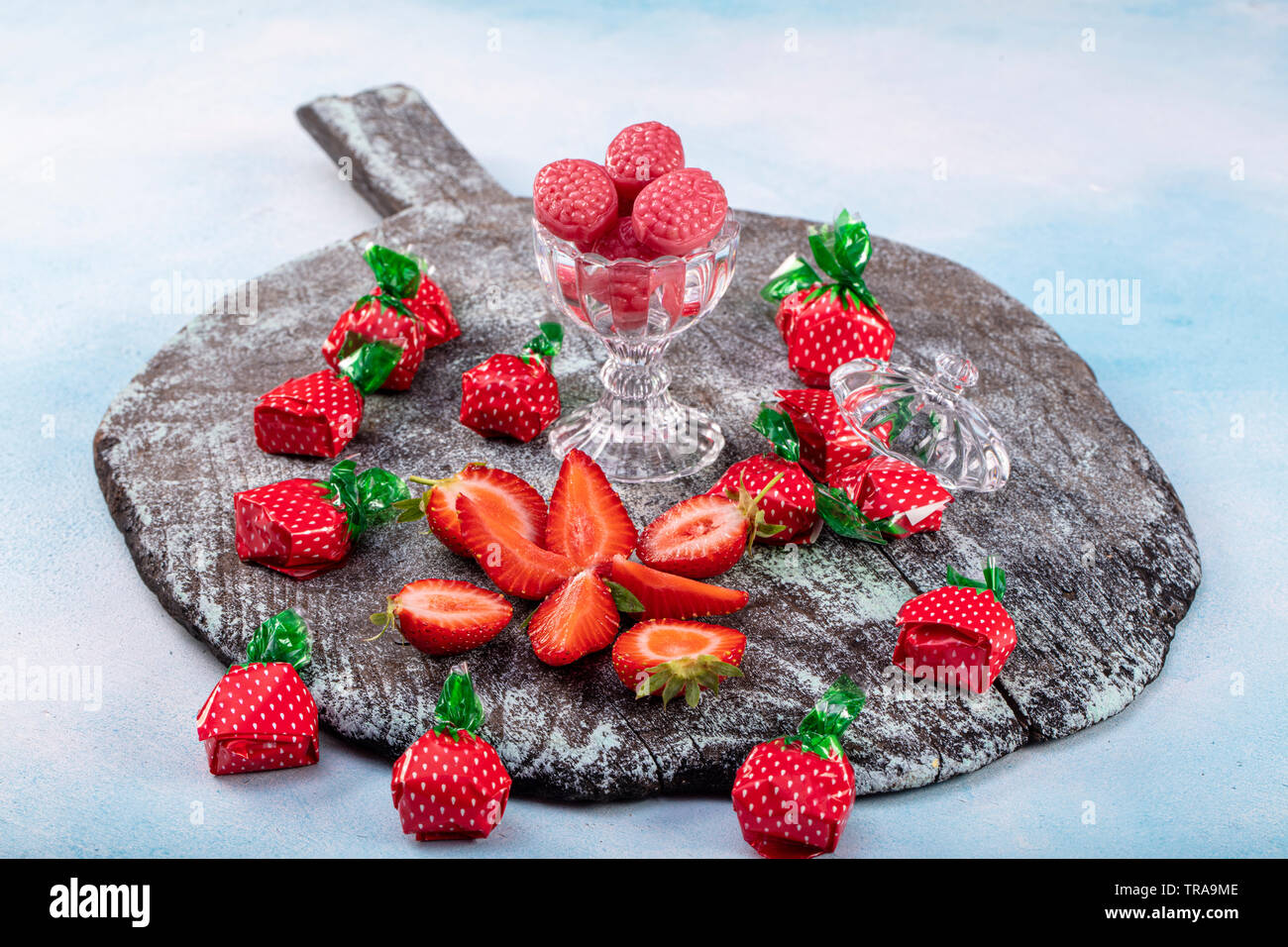 Strawberry sweets and strawberry flavoured candy concept with close up ...