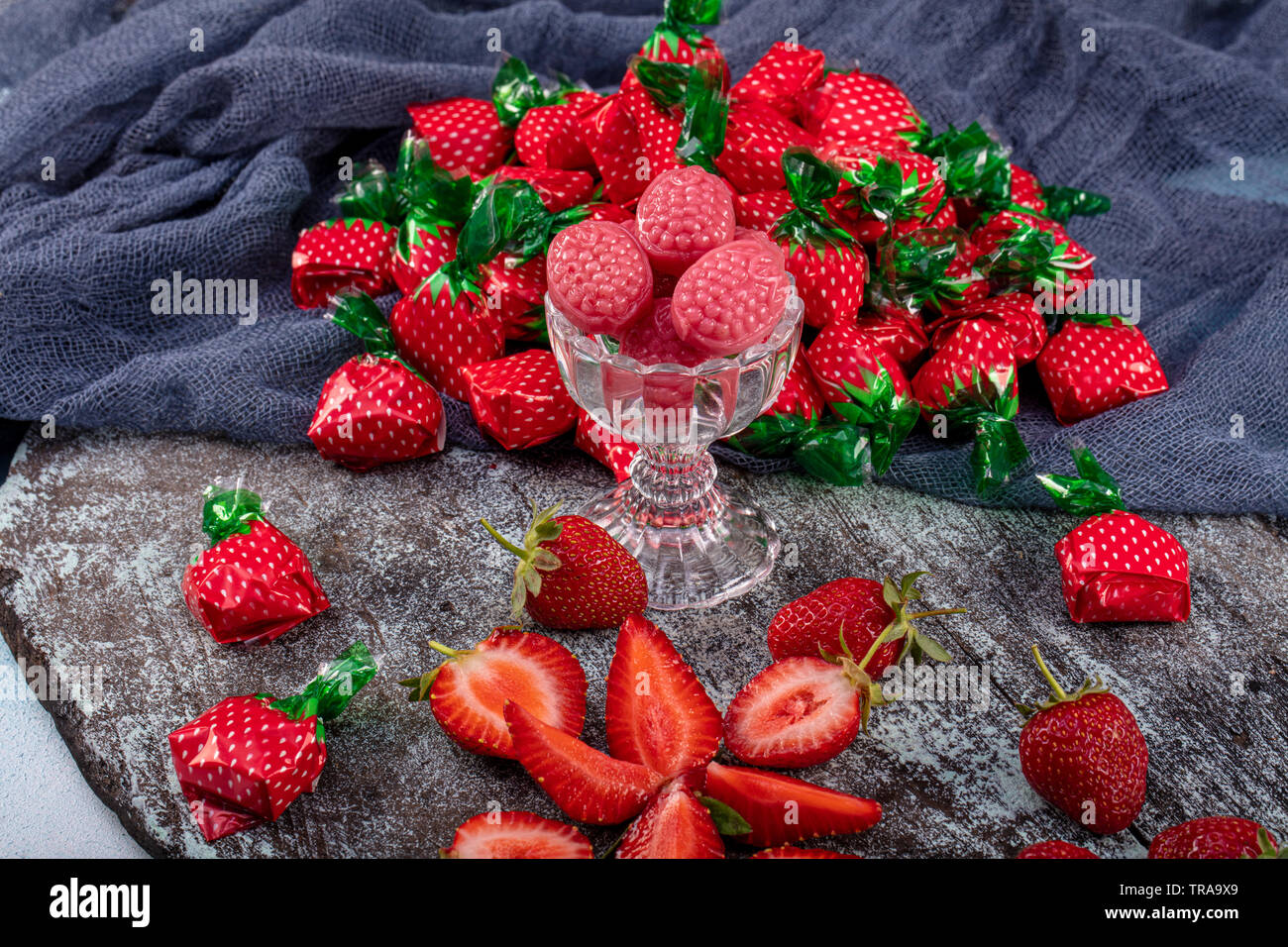 Strawberry sweets and strawberry flavoured candy concept with close up ...
