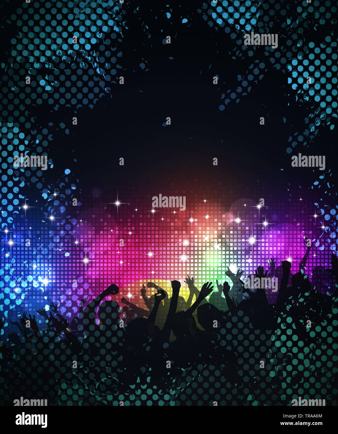 music background with crowd having fun at disco party illustration ...