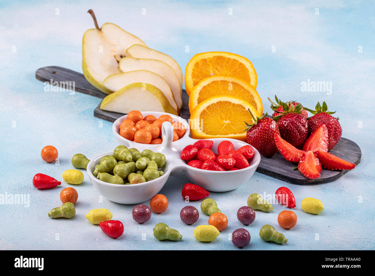 Fruit chewing gums. Assorted gummy candies. Top view. Jelly sweets ...