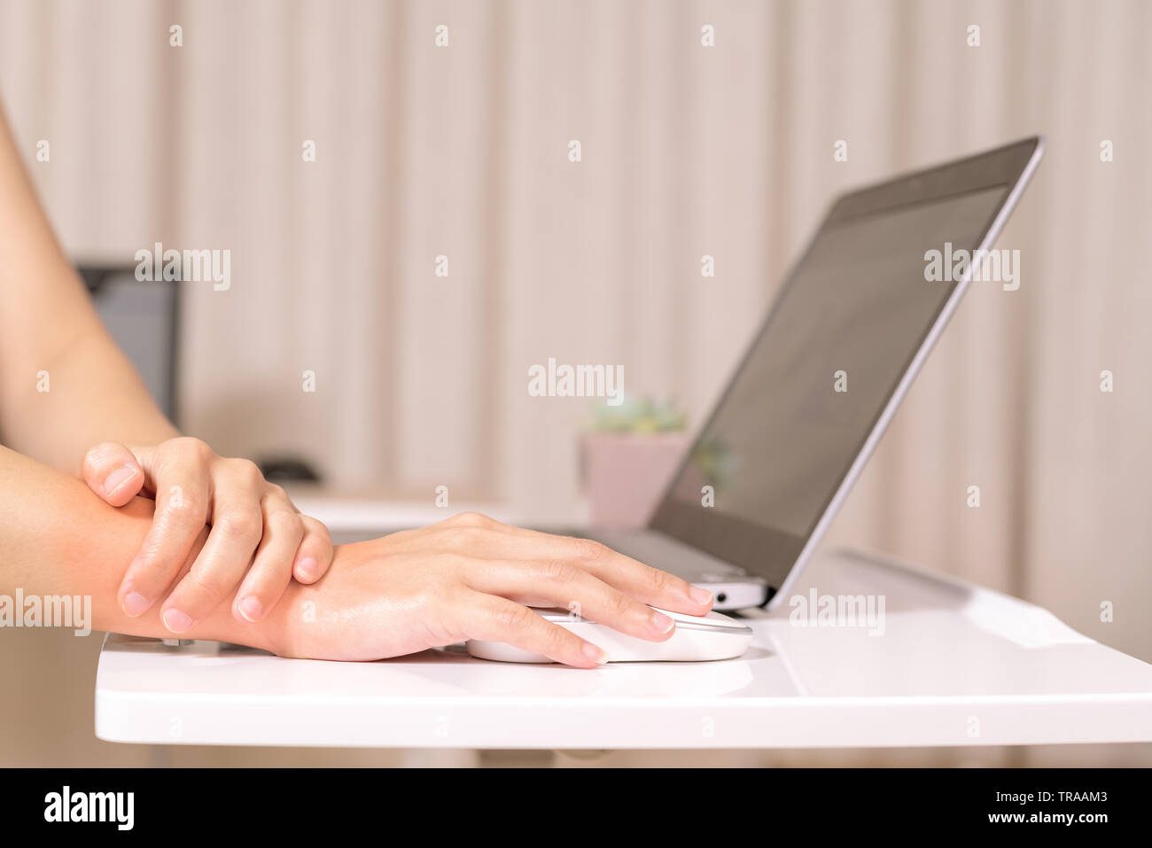 woman wrist hand arm pain long use mouse working. office syndrome ...
