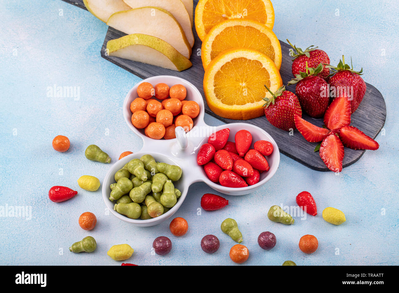 Fruit chewing gums. Assorted gummy candies. Top view. Jelly sweets ...