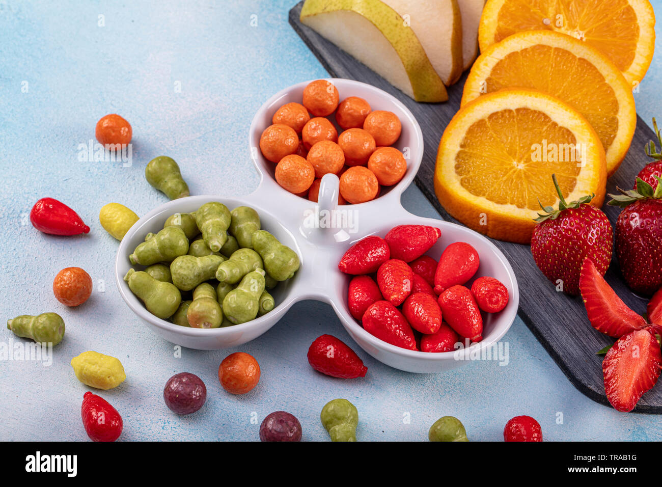 Fruit chewing gums. Assorted gummy candies. Top view. Jelly sweets ...