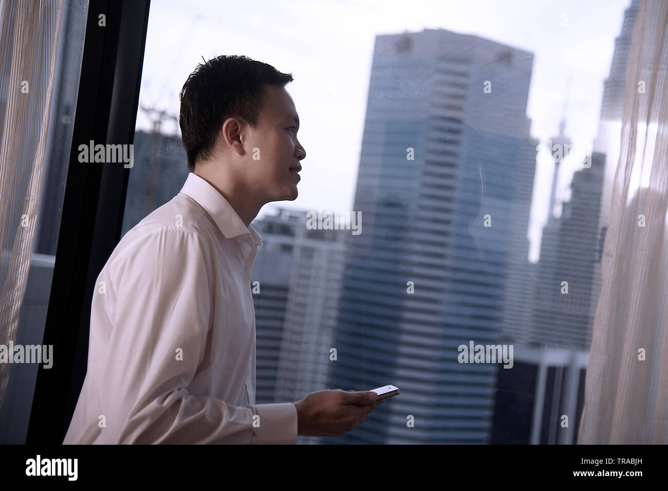 Portrait of an affluent modern Asian business man standing at a window ...