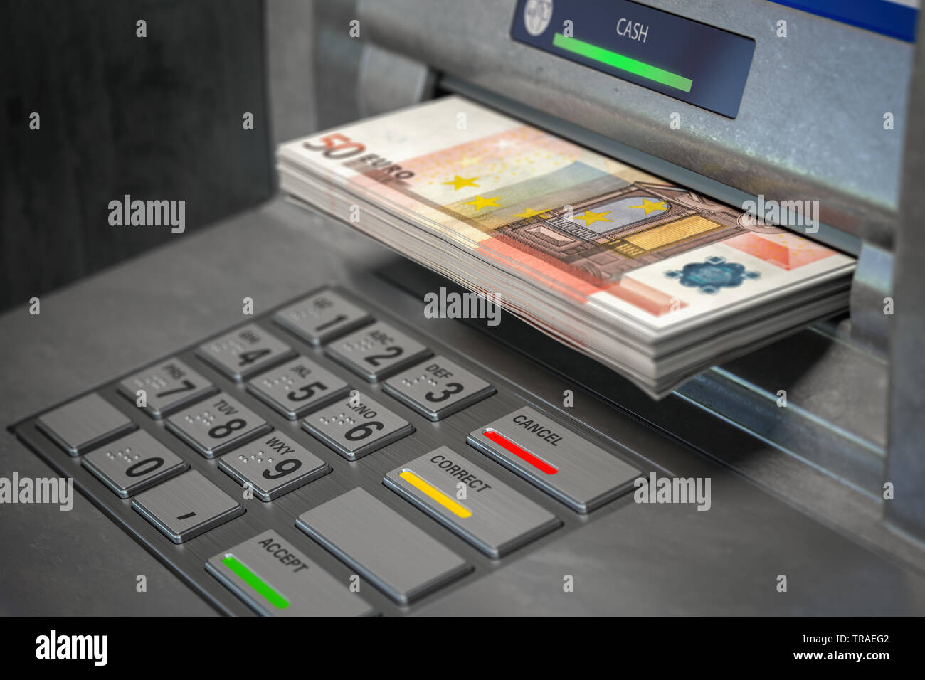 ATM machine and euro. Withdrawing 50 euro banknotes. Banking concept ...