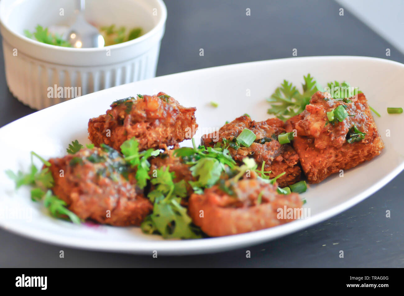 fried bread with minced pork spread, Thai toast Stock Photo - Alamy