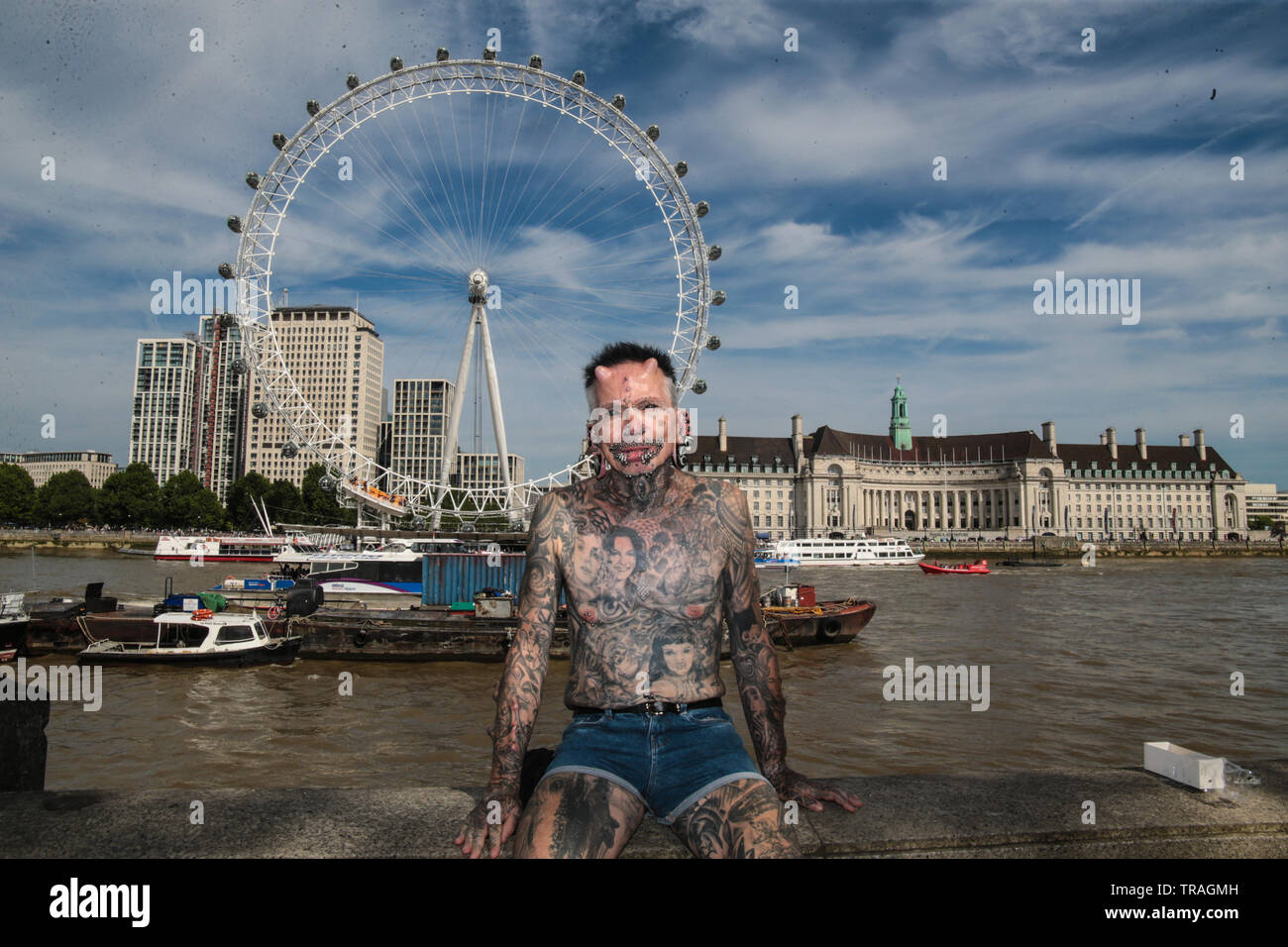 London 01 June 2019 Rolf Buchholz, from Dortmund, Germany has a total of 453 studs and rings all ...