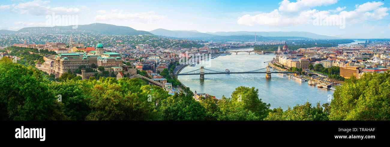 Panoramic view from above on landmarks of Budapest at summer sunset ...