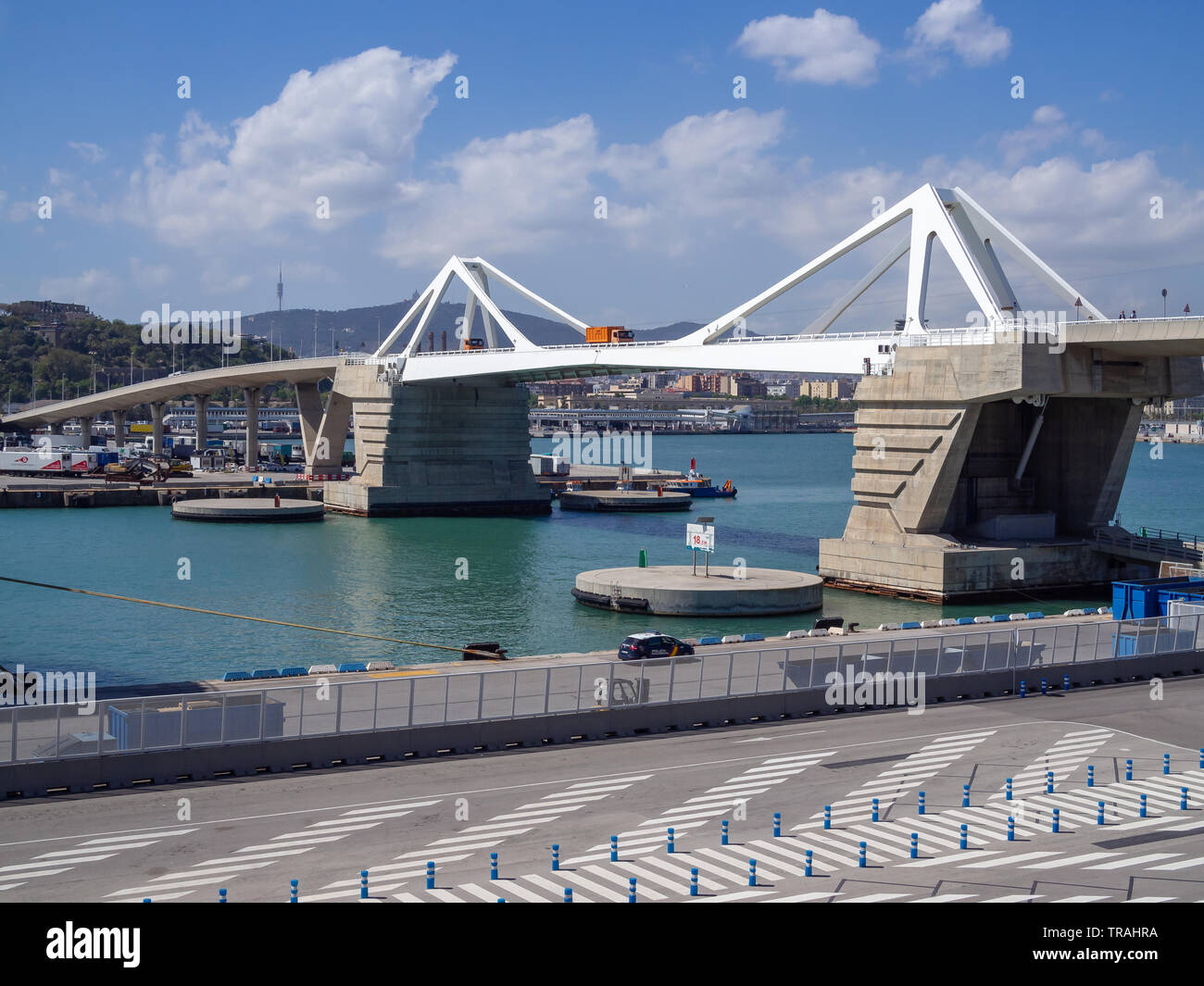 BARCELONA, SPAIN-MAY 9, 2019: Porta d’Europa bascule bridge in the port ...