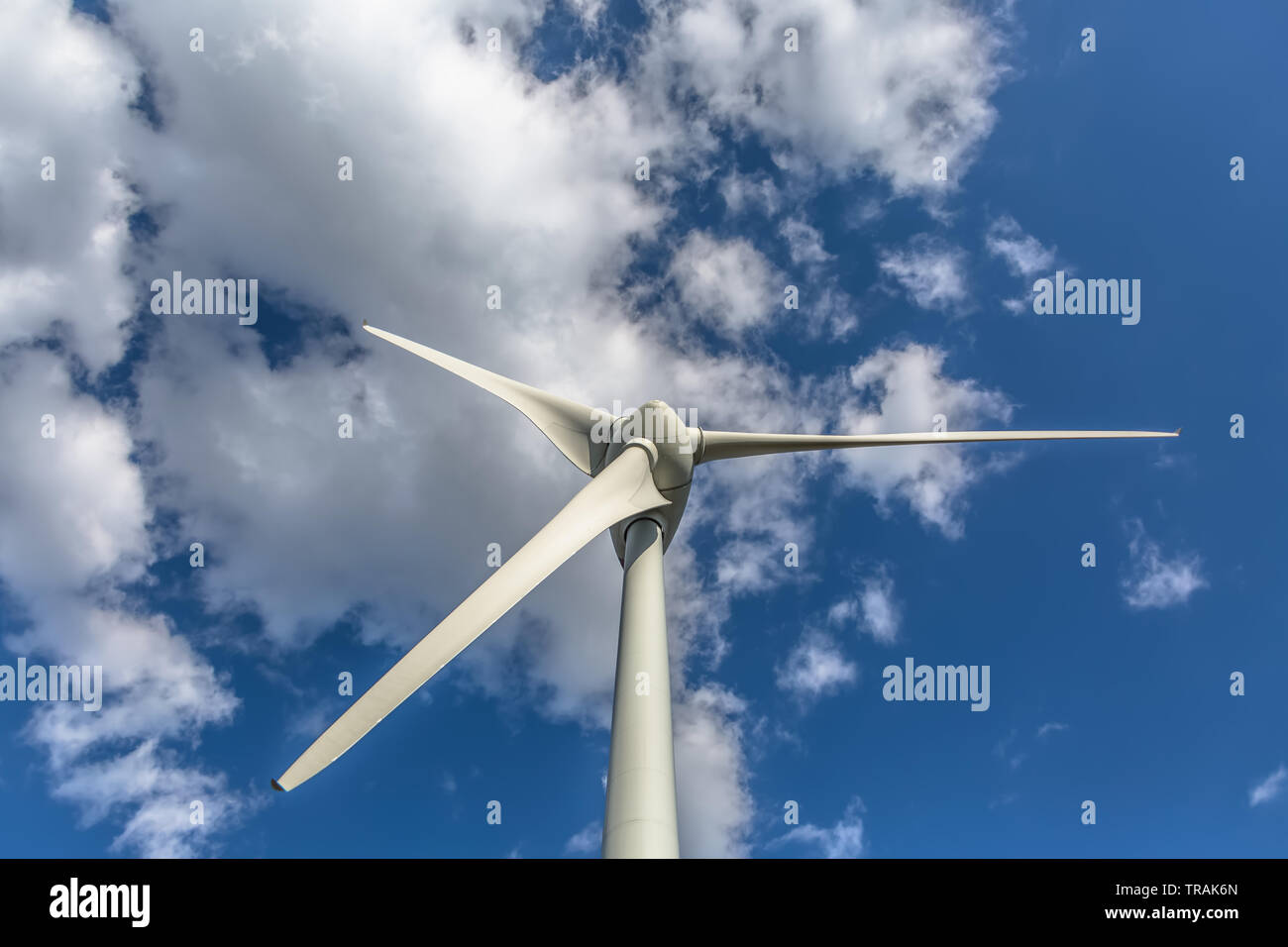 Detailed close up view of a wind turbine; generator, rotor and blade ...