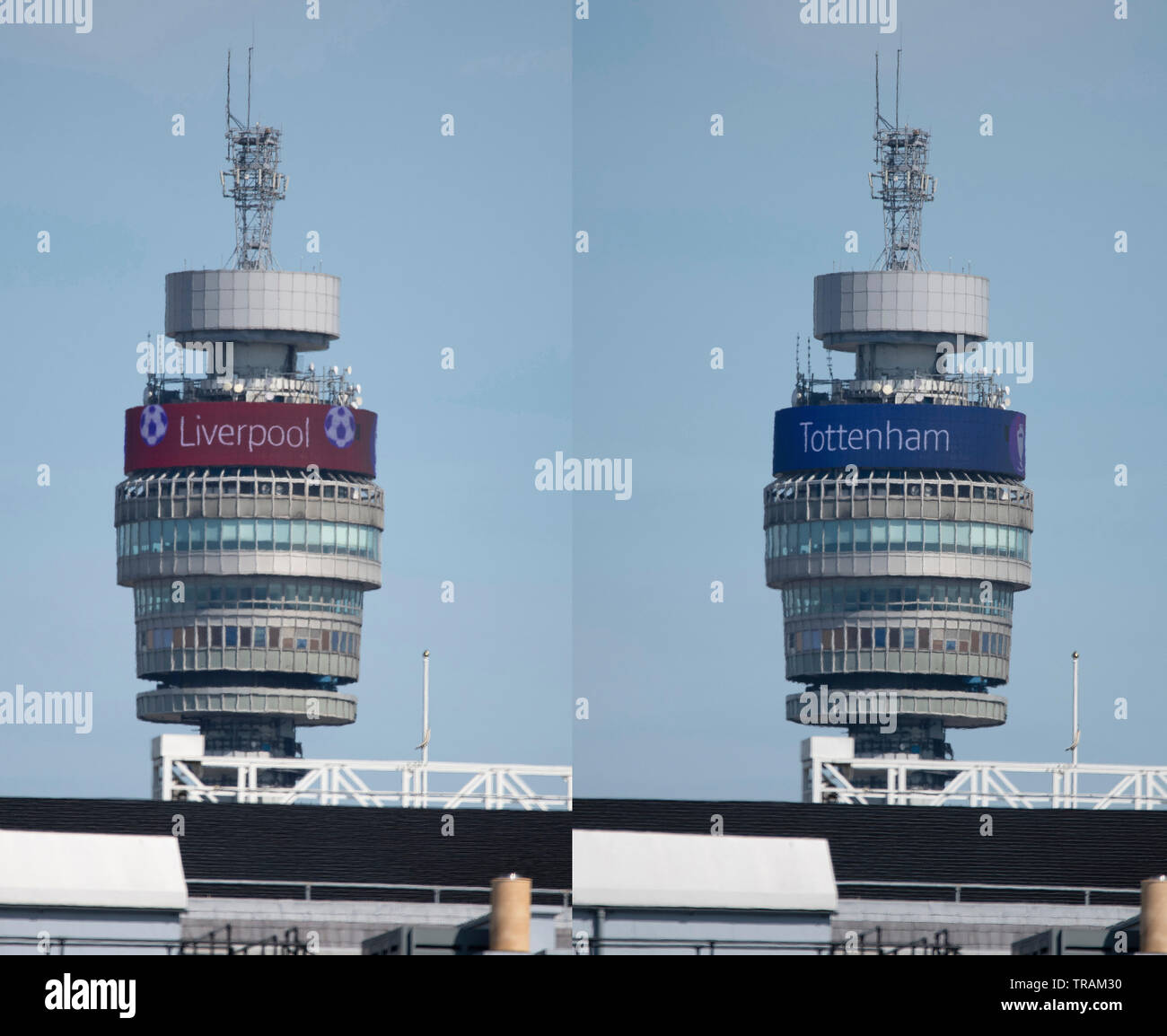 BT Tower, London, UK. 1st June 2019. Liverpool and Tottenham teams are ...
