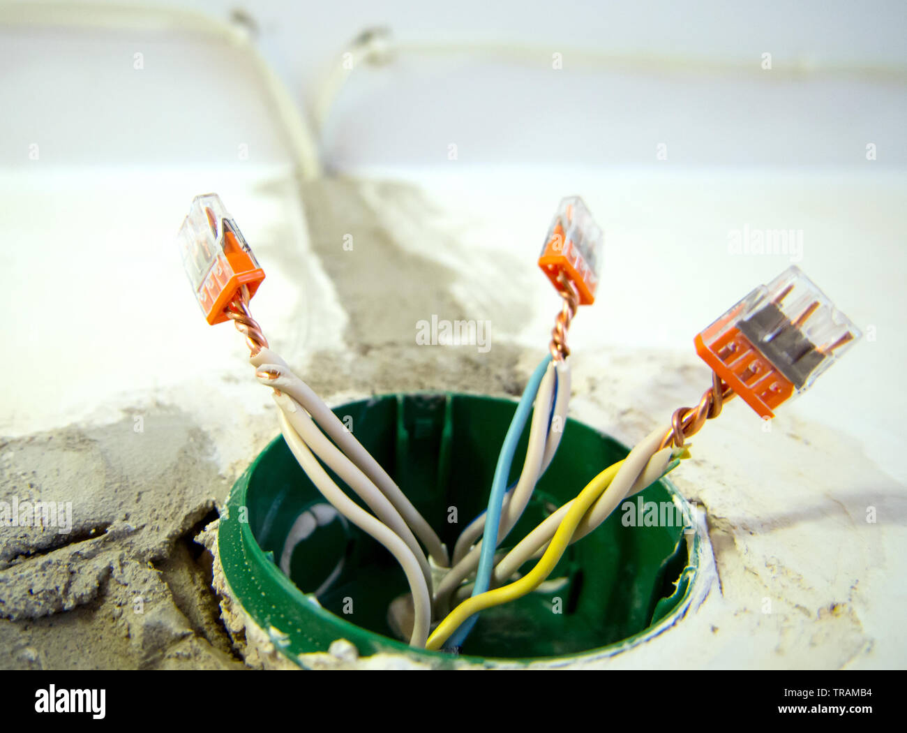 Electrical wiring in the contact box with terminal blocks Stock Photo ...