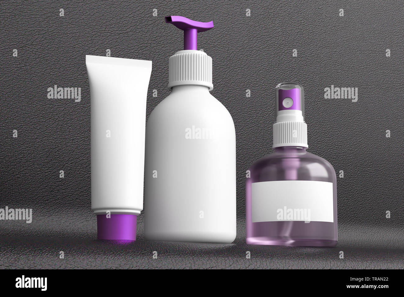 Cosmetic bottles set. Magenta spray, cream, tube, gel and lotion. Set ...